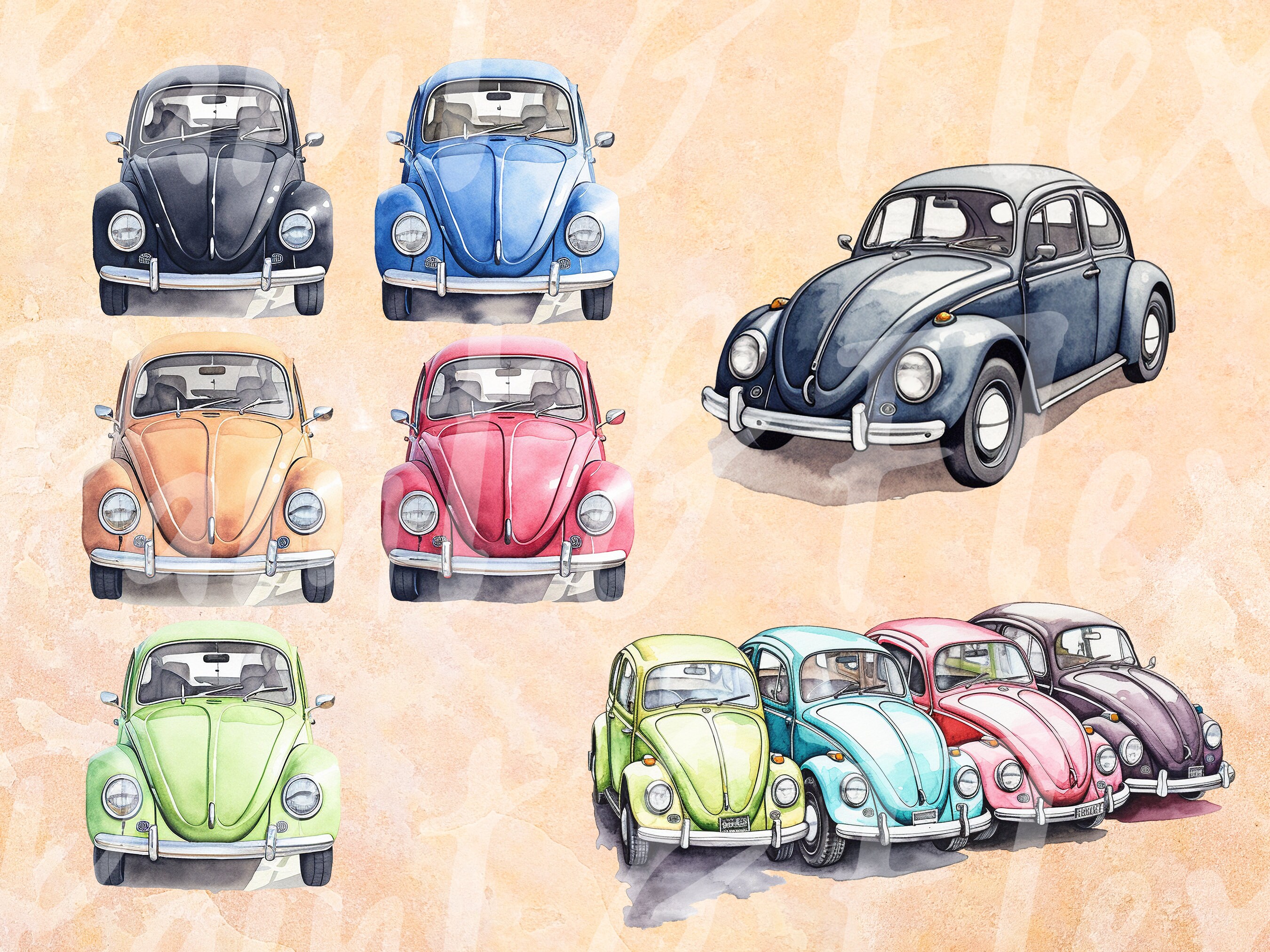 Whimsical Watercolour Clipart VW Beetles, Various Colours, 34x, Fully ...
