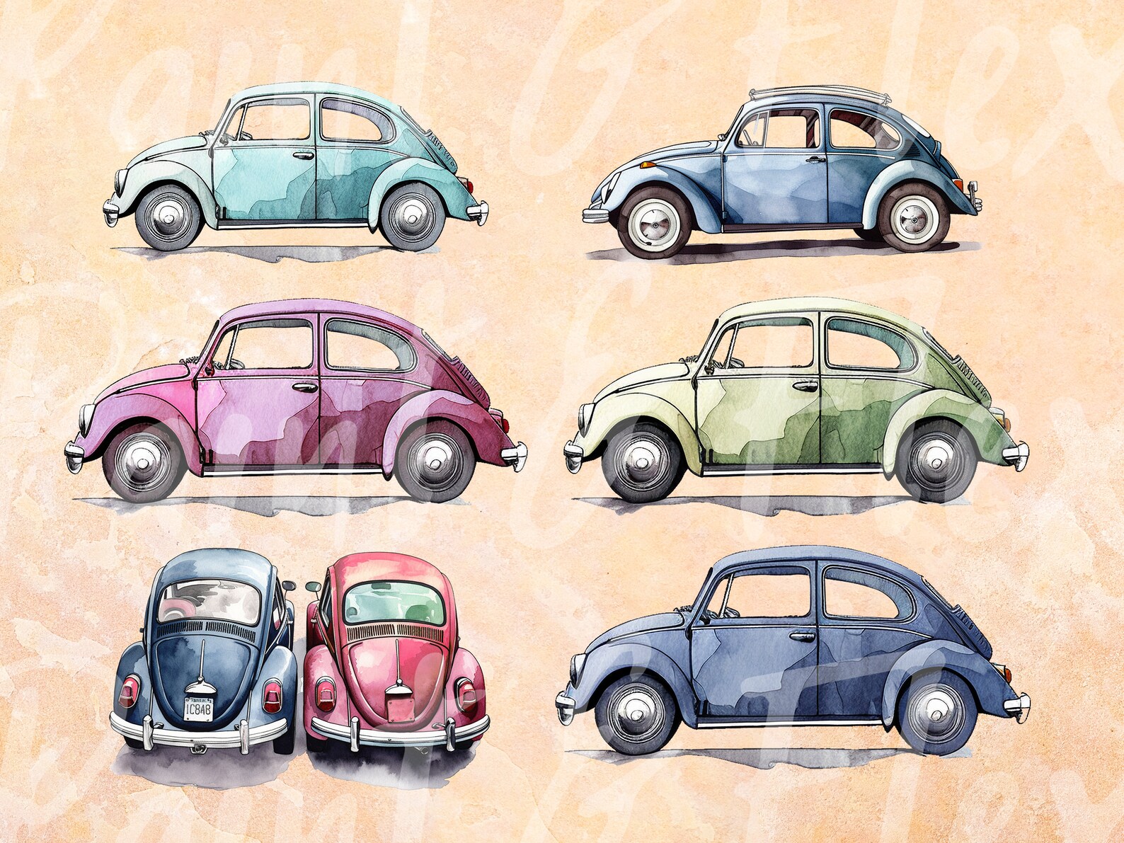 Whimsical Watercolour Clipart VW Beetles, Various Colours, 34x, Fully ...