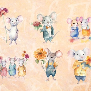 Adorable and Cute Watercolor Mouse and Flower Clipart, Roses, Mice and ...