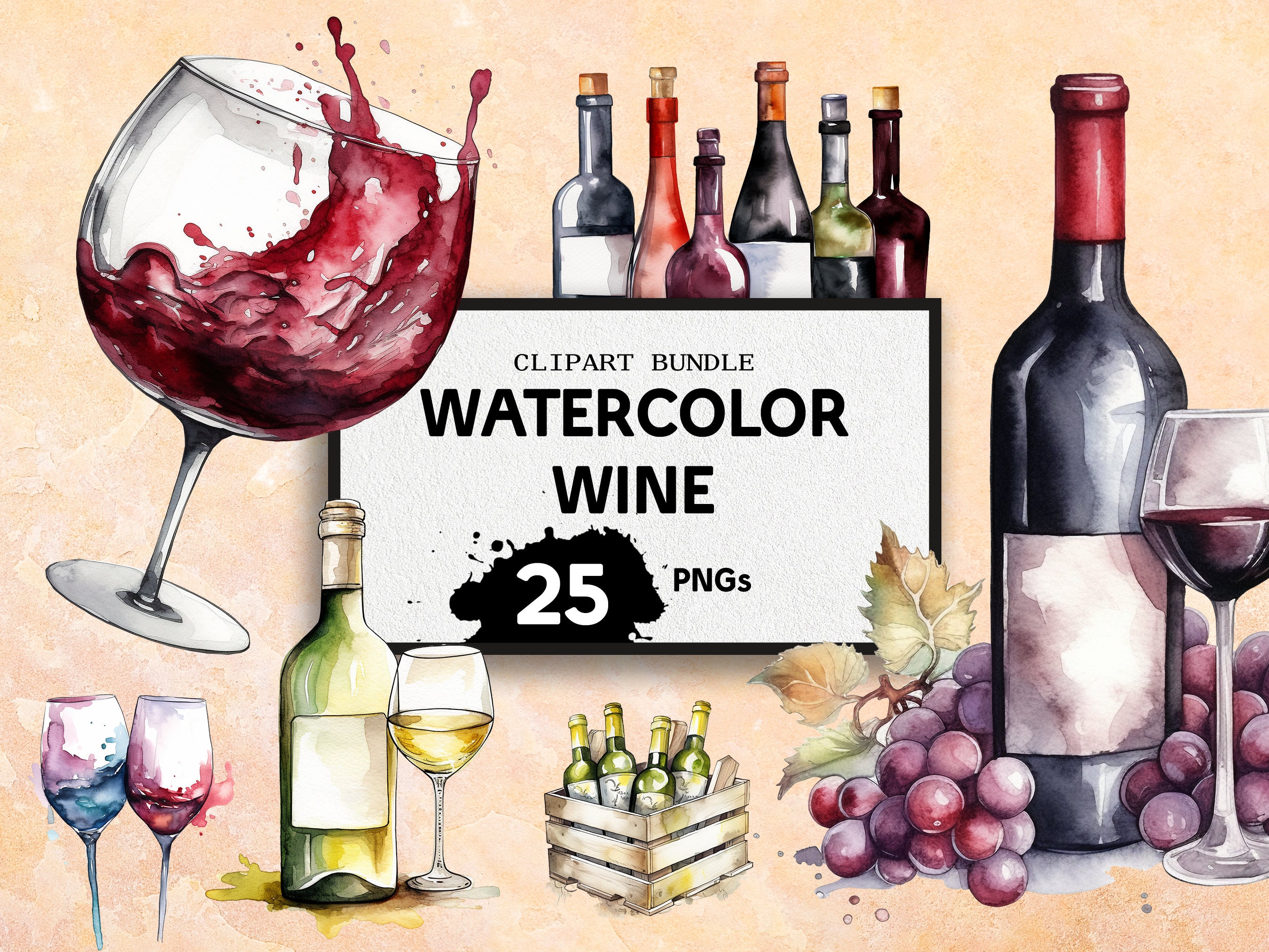 Watercolor Wine Clipart Glasses of White Wine Bottles Red Glasses of ...