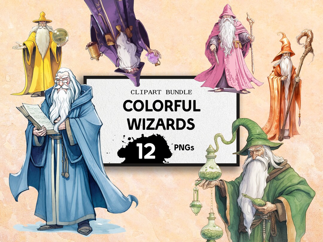 Whimsical Colorful Wizards Clipart, PNG of Magic Men Casting Spells and ...