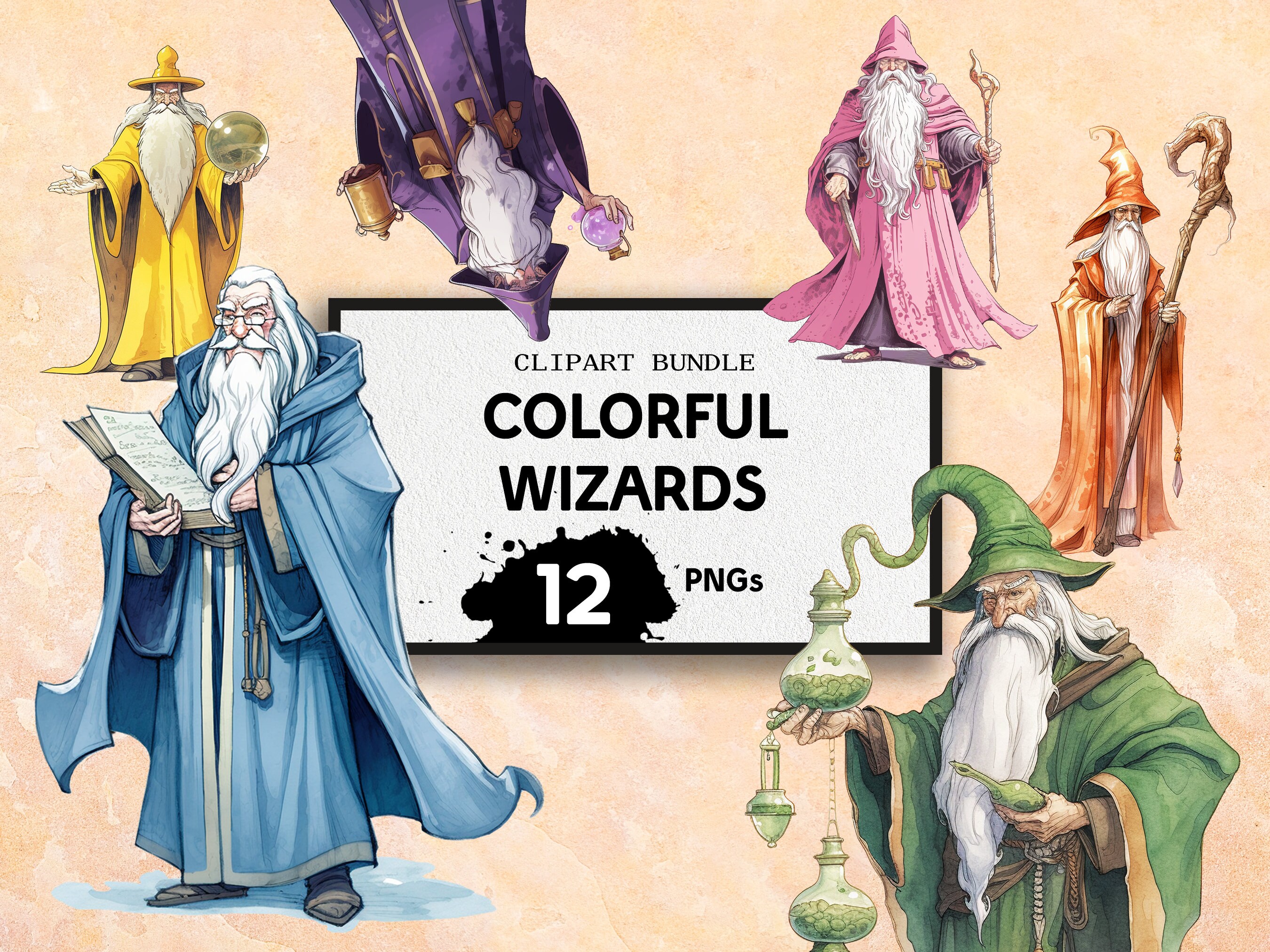 Whimsical Colorful Wizards Clipart PNG of Magic Men Casting - Etsy