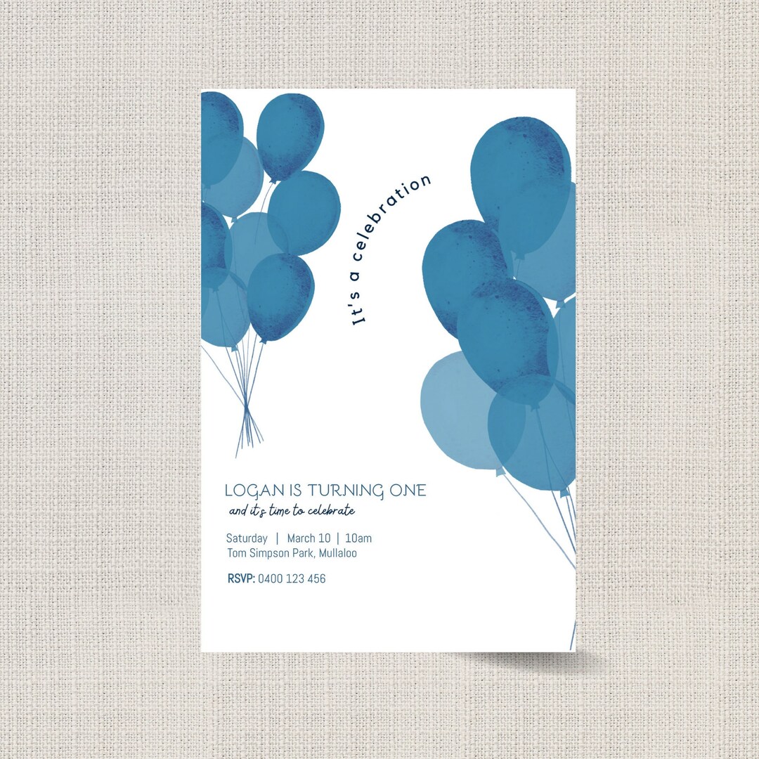 Minimal Balloon Invitation Template | Editable Party Invitation | Blue ...