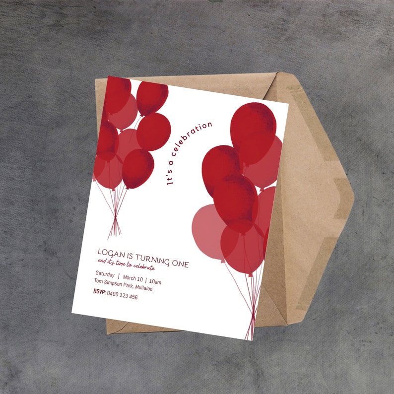 Minimal Balloon Invitation Template | Editable Party Invitation | Red ...