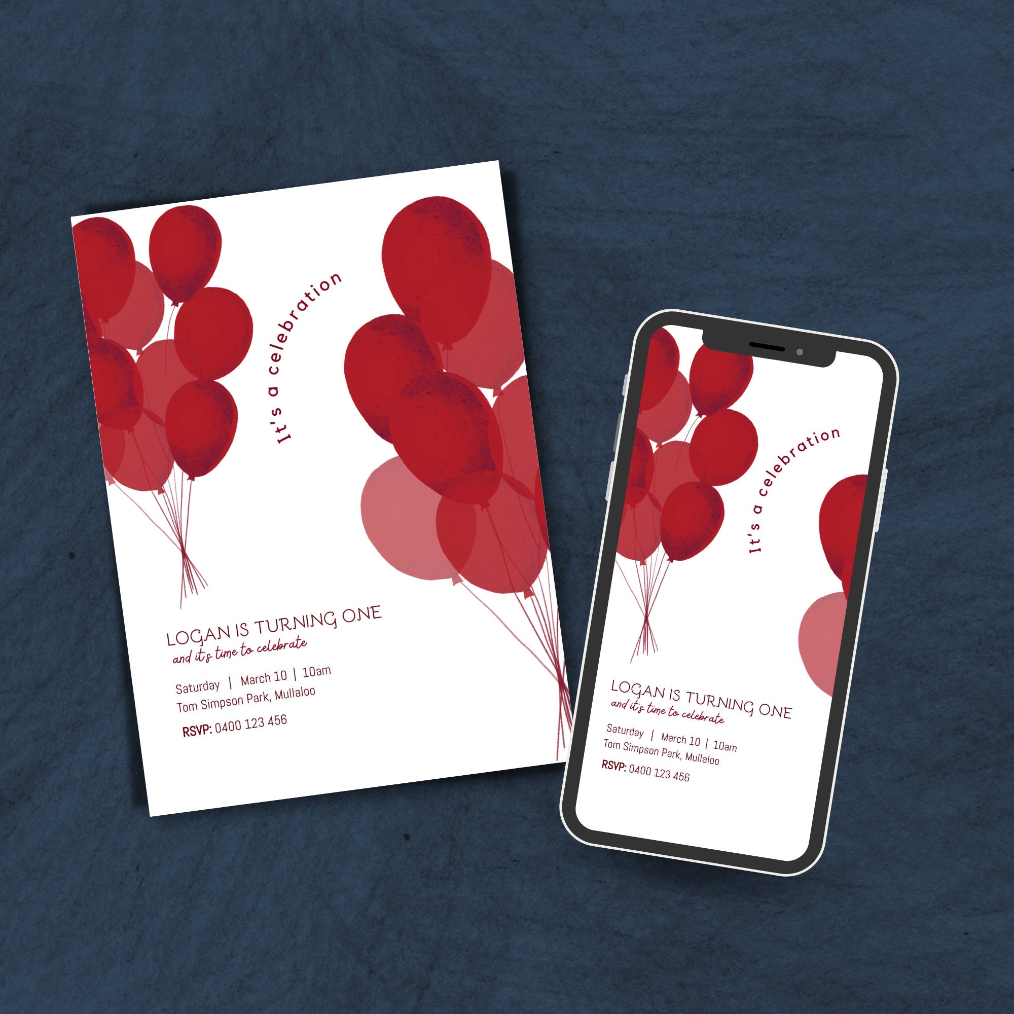 Minimal Balloon Invitation Template | Editable Party Invitation | Red ...