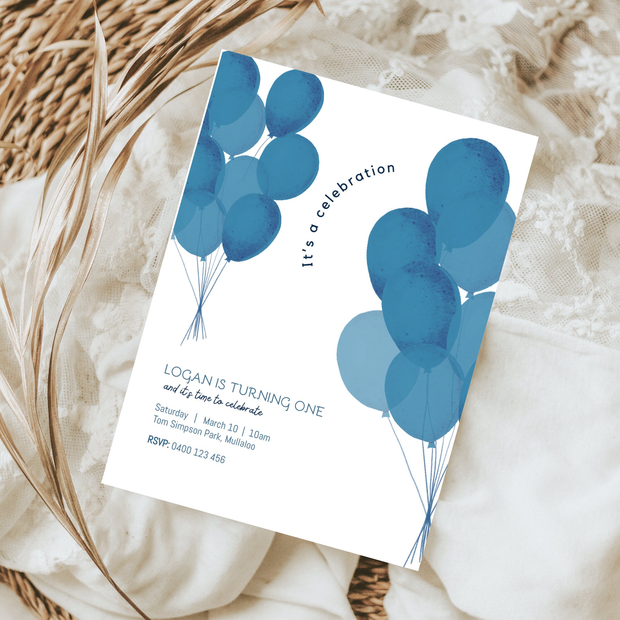 Blue Balloon Birthday Invitation Template | Minimalist, Any Age ...