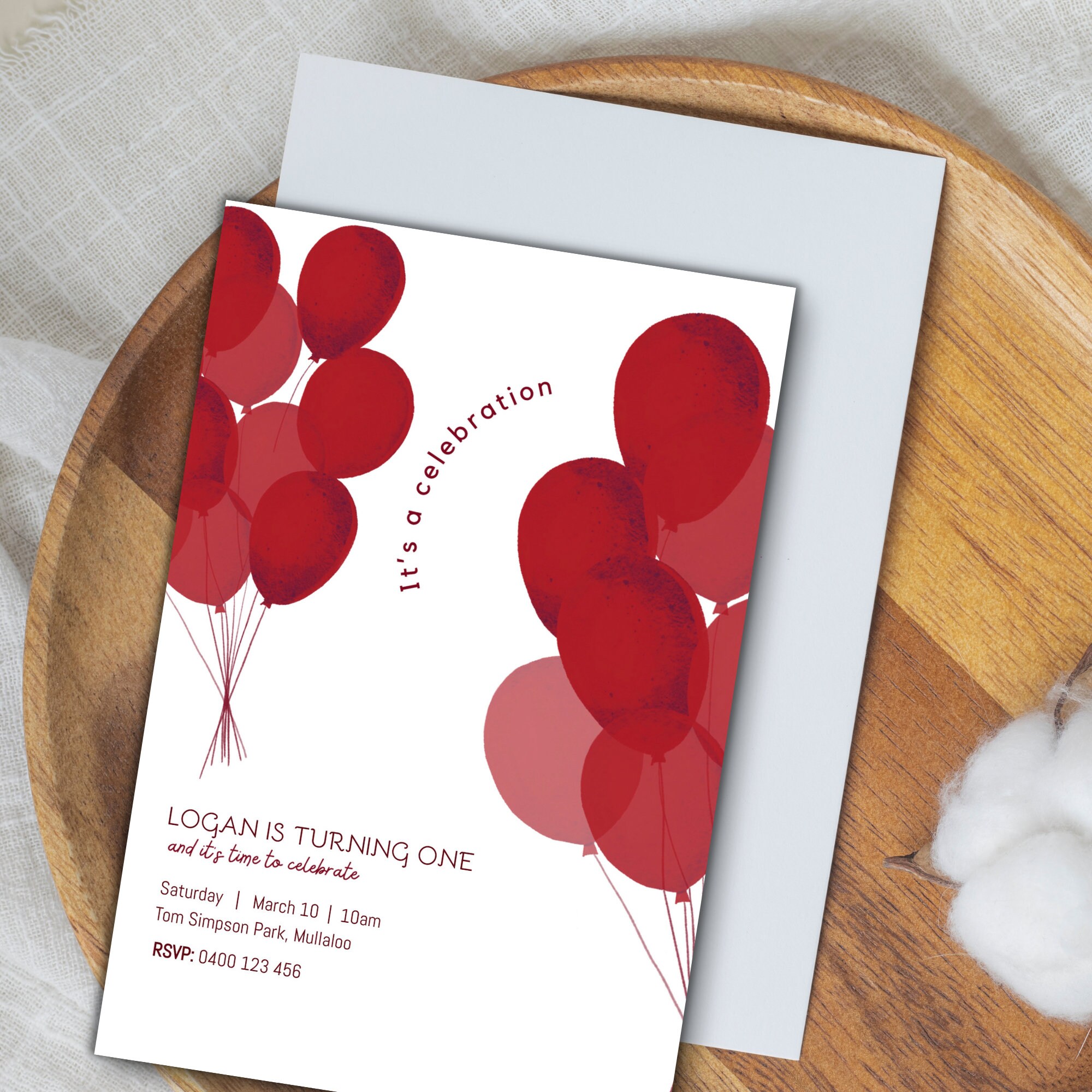 Minimal Balloon Invitation Template | Editable Party Invitation | Red ...