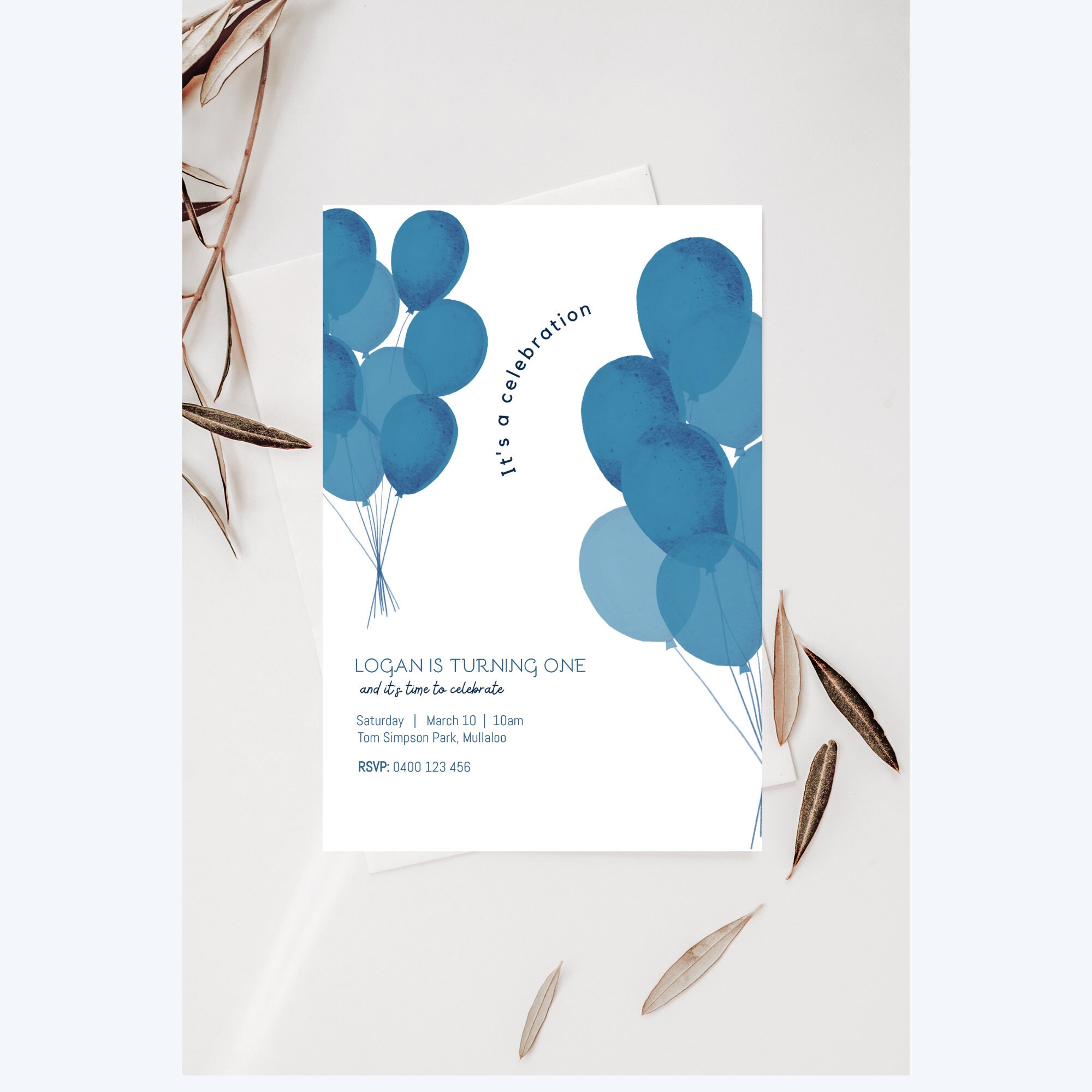 Blue Balloon Birthday Invitation Template | Minimalist, Any Age ...