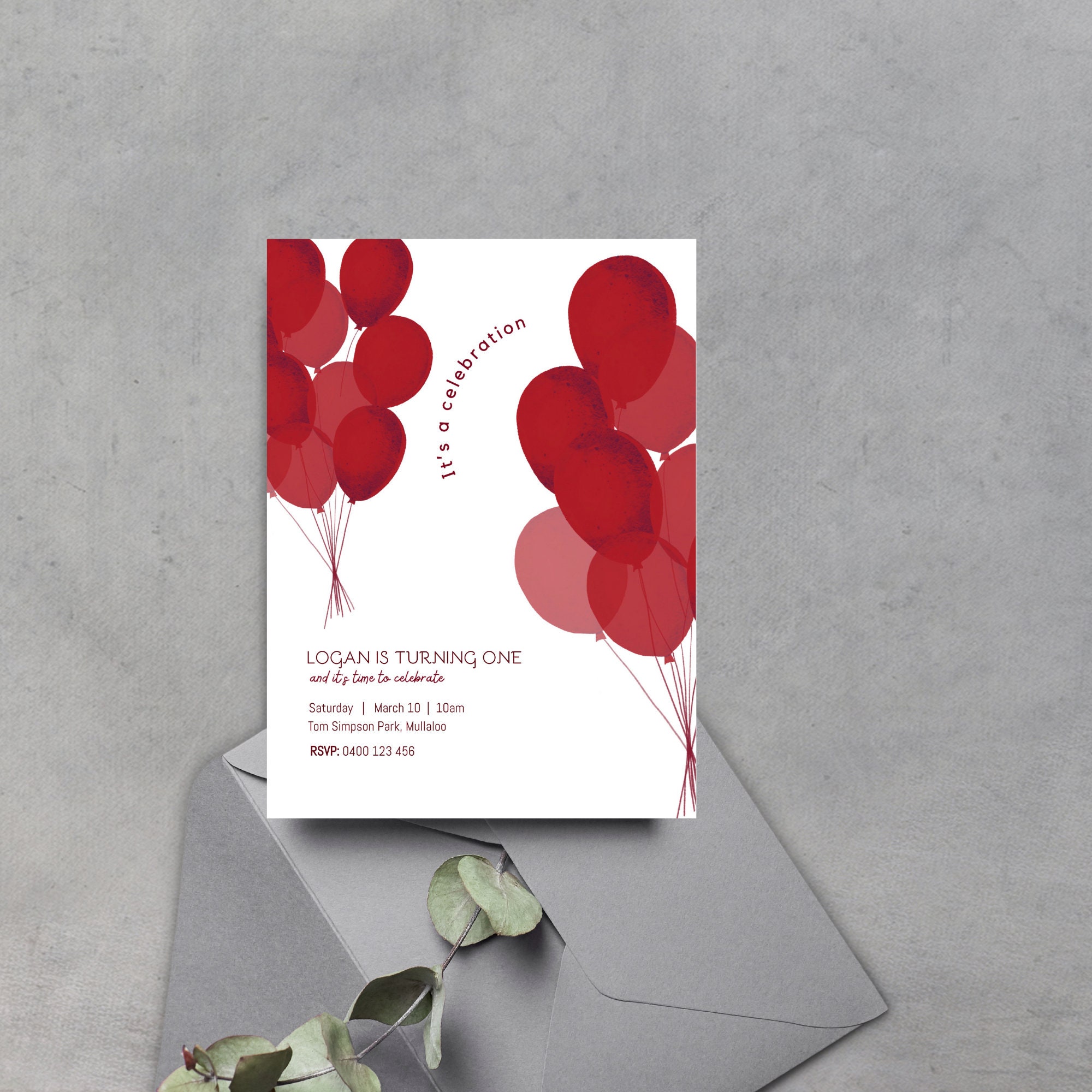 Minimal Balloon Invitation Template | Editable Party Invitation | Red ...