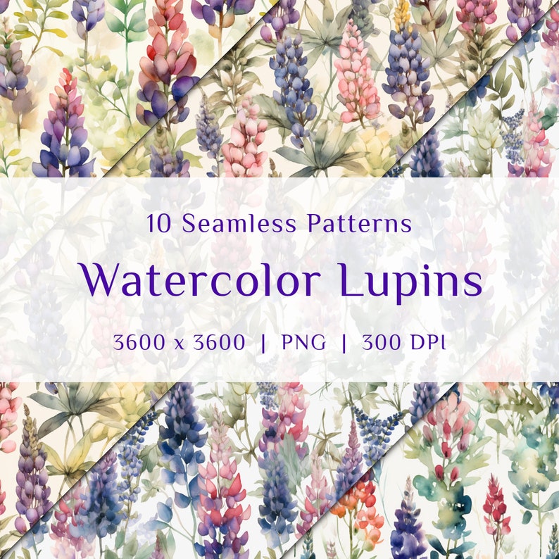 10 Watercolor Lupins Seamless Pattern, Digital Paper Bundle - Etsy
