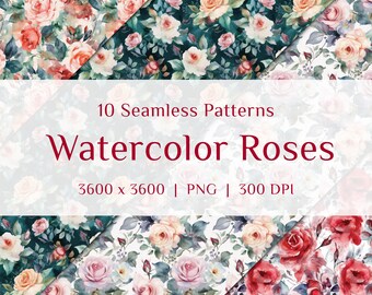 10 Watercolor Roses Seamless Pattern, Digital Paper Bundle - Etsy