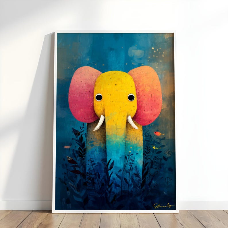 Colorful Elephant Wall Art, Abstract Animal Print, Whimsical Home Decor ...