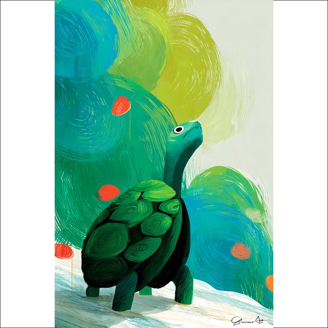 Green Turtle Wall Art, Whimsical Animal Print, Colorful Kids Decor ...