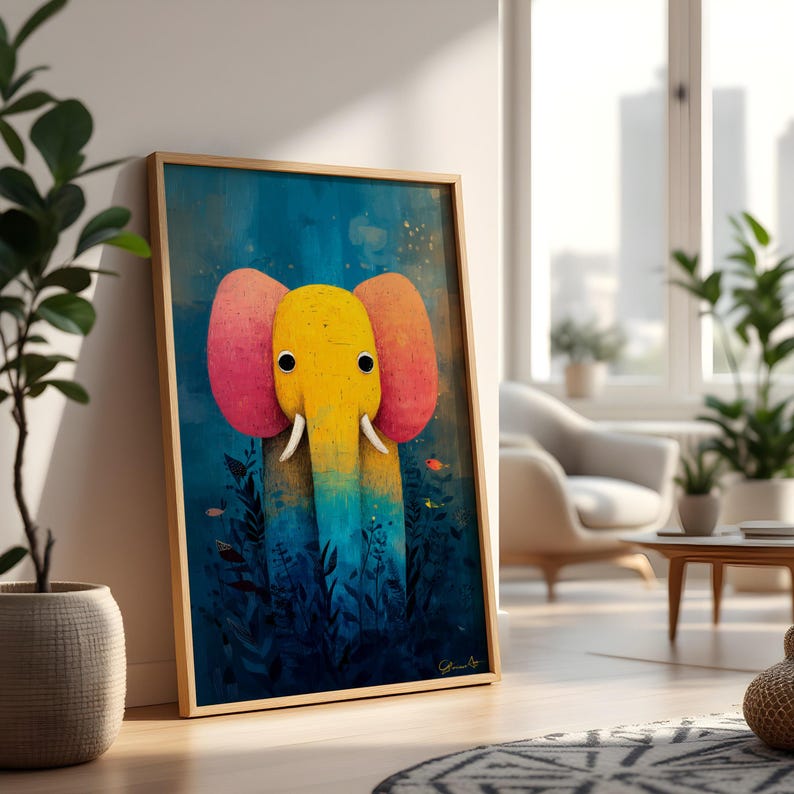 Colorful Elephant Wall Art, Abstract Animal Print, Whimsical Home Decor ...