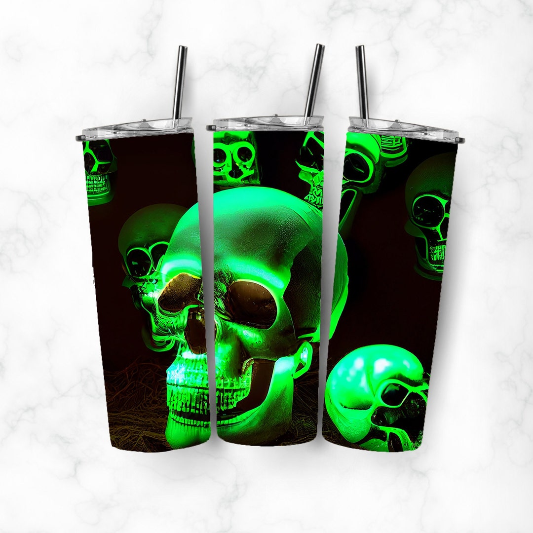 Neon Green Skulls Black Background 20 Oz Skinny Tumbler Sublimation ...
