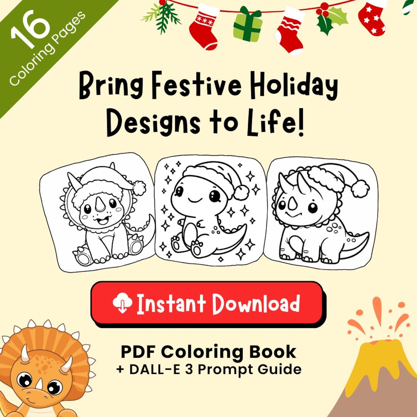 Holiday Dino Friends Coloring Pages PDF, DALL-E 3 Prompt Guide, Instant ...