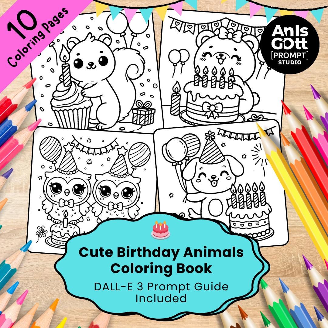 Cute Birthday Animals Coloring Book PDF, 10 Fun Printable Pages for ...