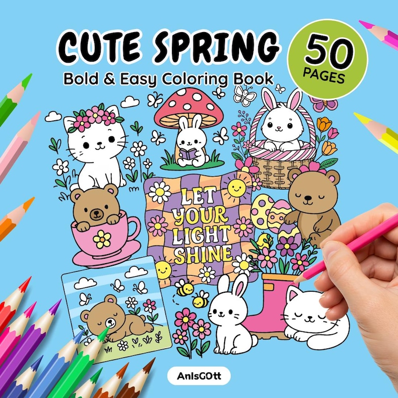Cute Bold & Easy Spring Coloring Book, 50 Coloring Pages With Kawaii ...