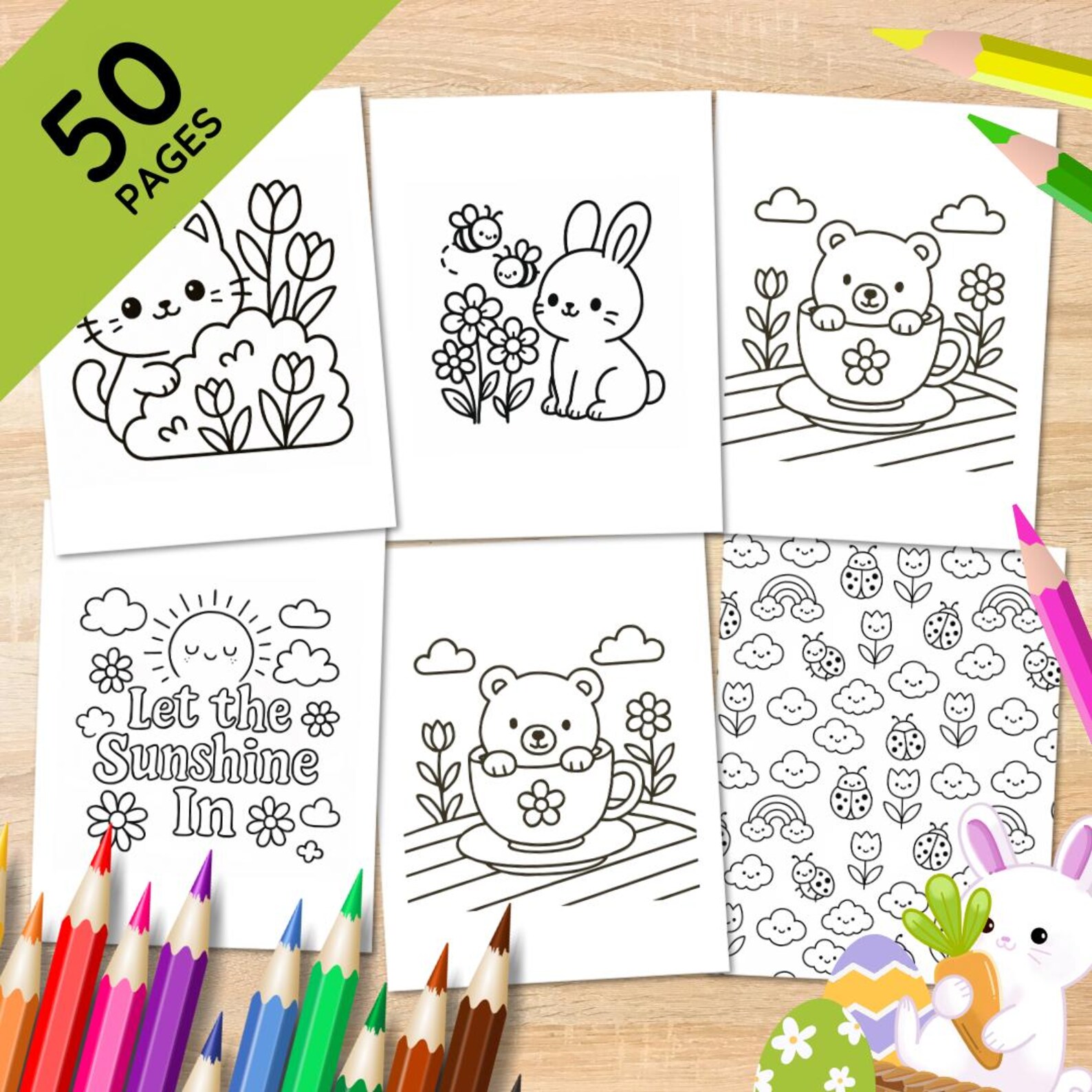 Cute Bold & Easy Spring Coloring Book, 50 Coloring Pages With Kawaii ...