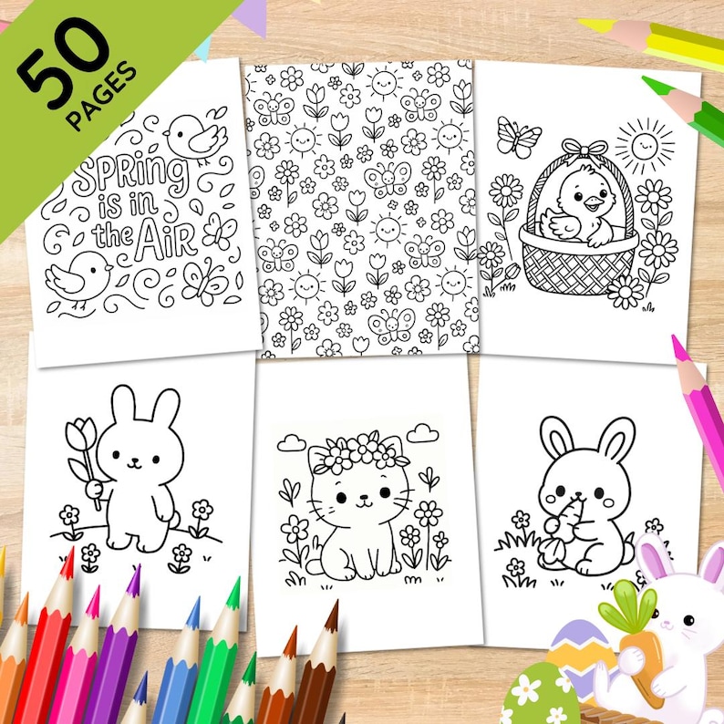 Cute Bold & Easy Spring Coloring Book, 50 Coloring Pages With Kawaii ...