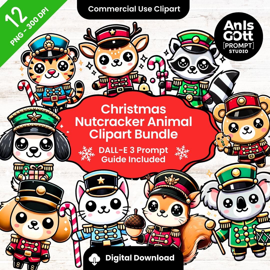 Christmas Nutcracker Animal Clipart Bundle 12 Kawaii Style Festive PNG ...