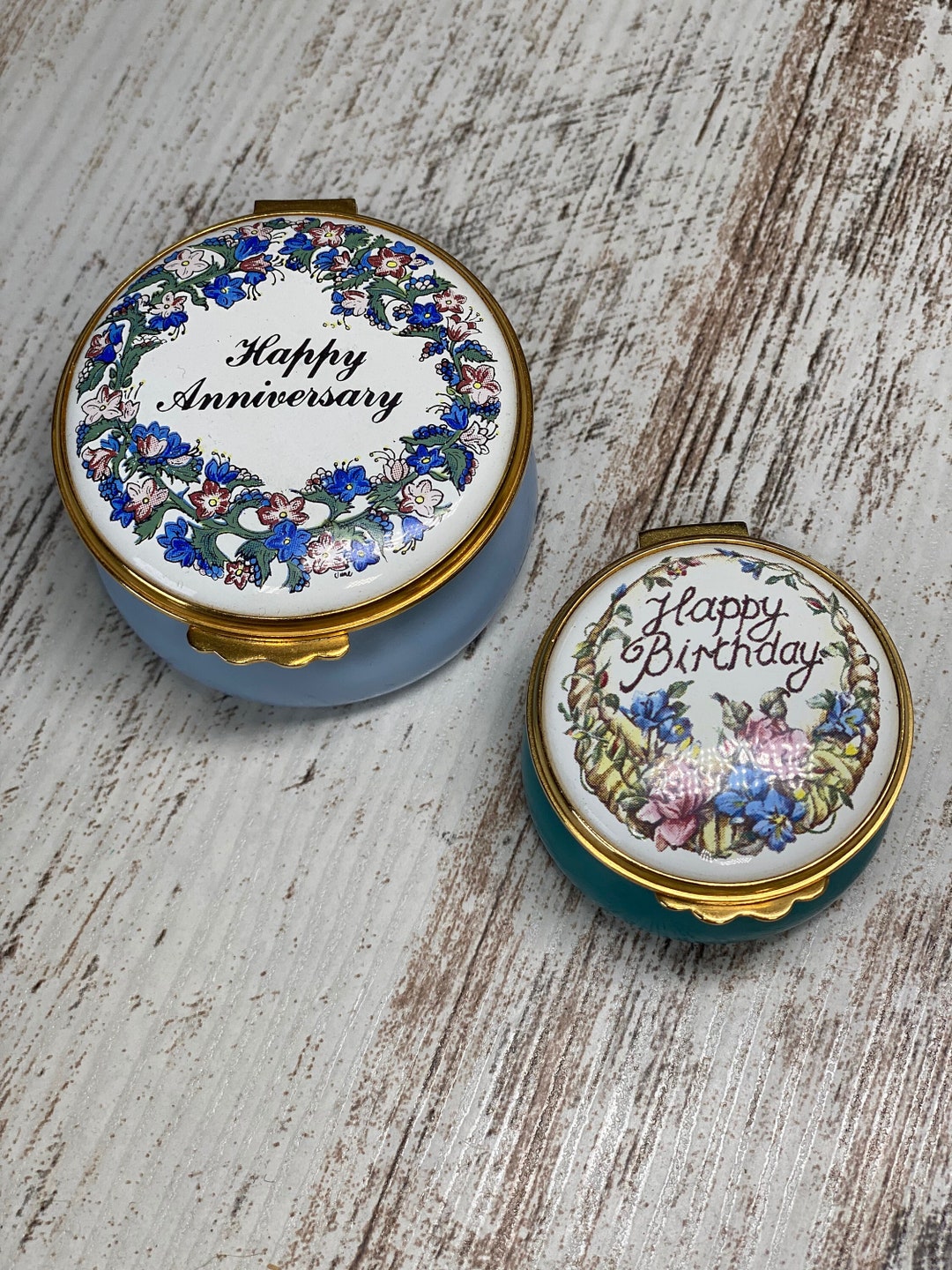 2 Vintage Kingsley Enamel Trinket Boxes- ‘happy Anniversary’ & ‘happy ...