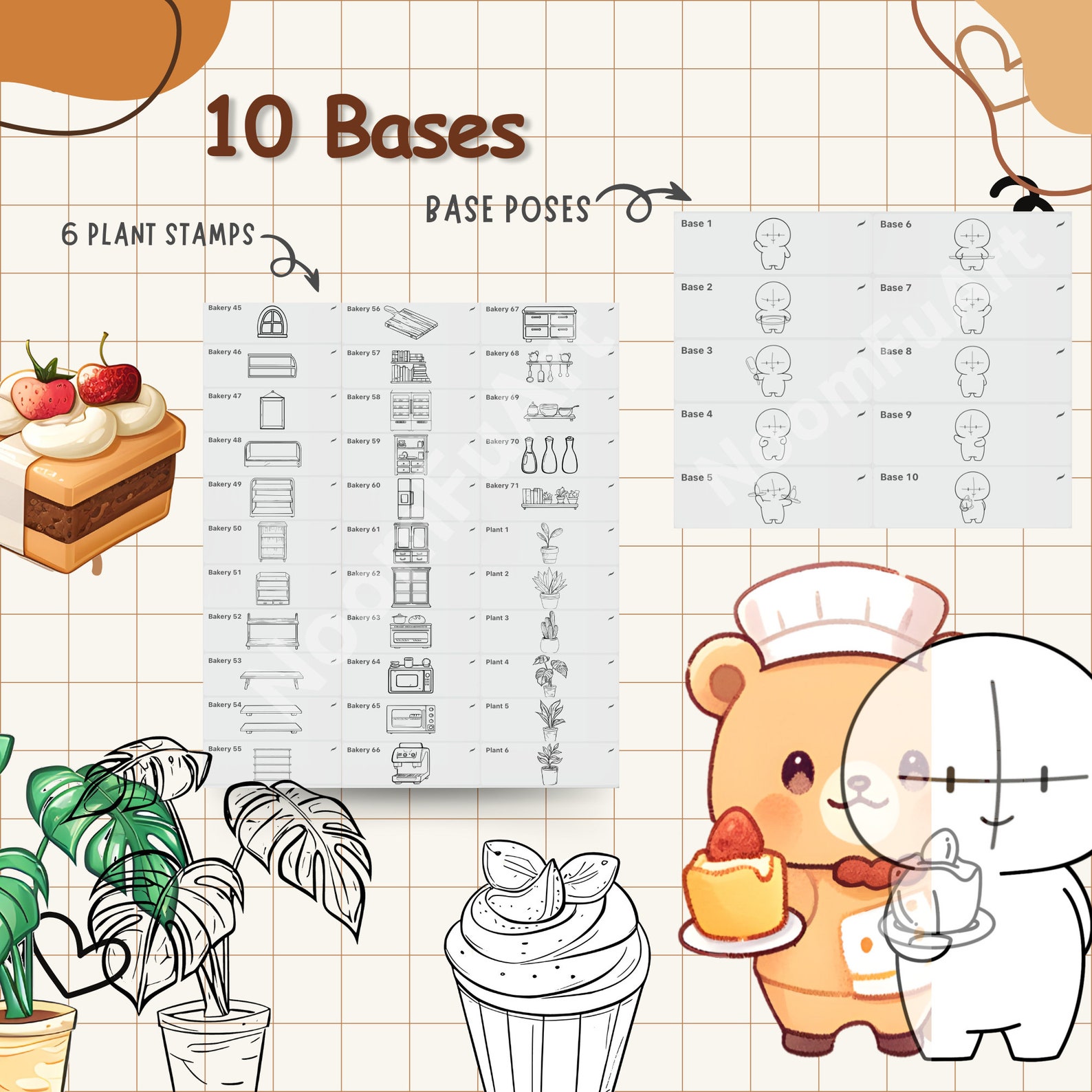 87 Procreate Kawaii Bakery Bases and Stamps, Cute and Kawaii, Chibi ...
