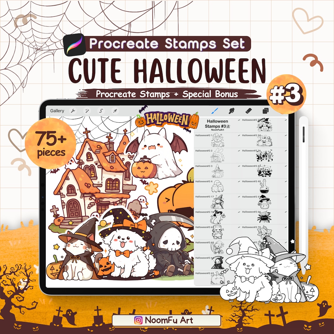 75 Cute Halloween Procreate Stamps EP3 – Kawaii Ghosts, Cat Witches ...
