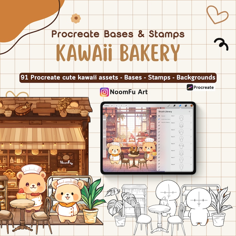 87 Procreate Kawaii Bakery Bases and Stamps, Cute and Kawaii, Chibi ...