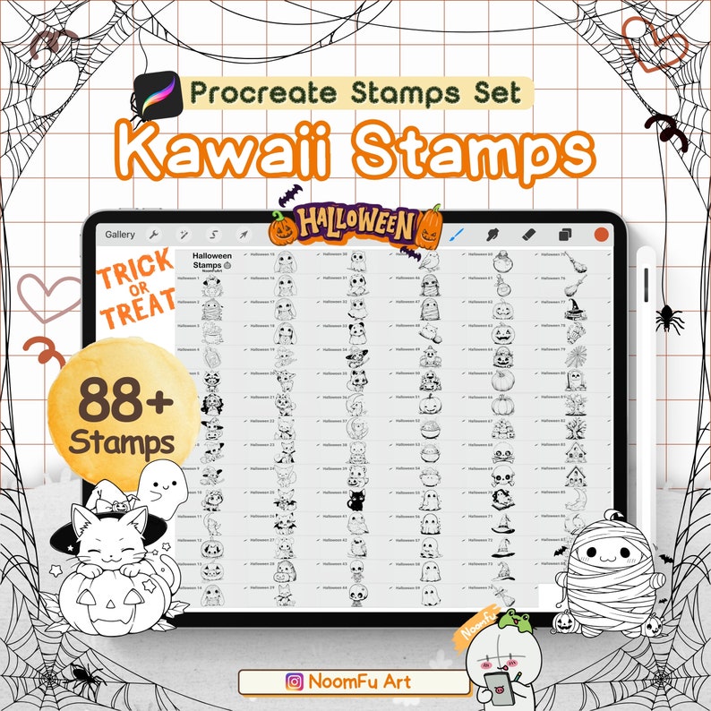 88 Halloween Kawaii Procreate Stamp Set – Cute Ghosts, Pumpkins, and ...