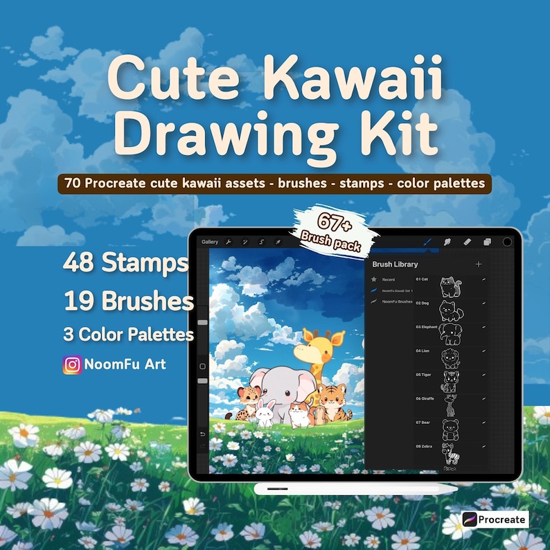 67 Procreate Cute Kawaii Brushes and Stamps, Procreate Drawing Kit, Animals Doodle, Cute ...