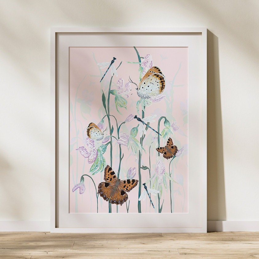 Ghost Orchid Butterfly Art Print Hand Painted Pink, Sage Green, Lilac Florals Portrait Wall Art ...
