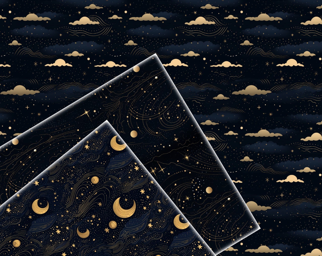 Starry Night Sky in Navy Blue and Gold: 16 Seamless Patterns ...