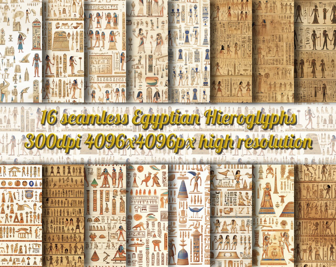 Realistic Looking Egyptian Hieroglyphs on Papyrus: 16 Seamless Patterns ...