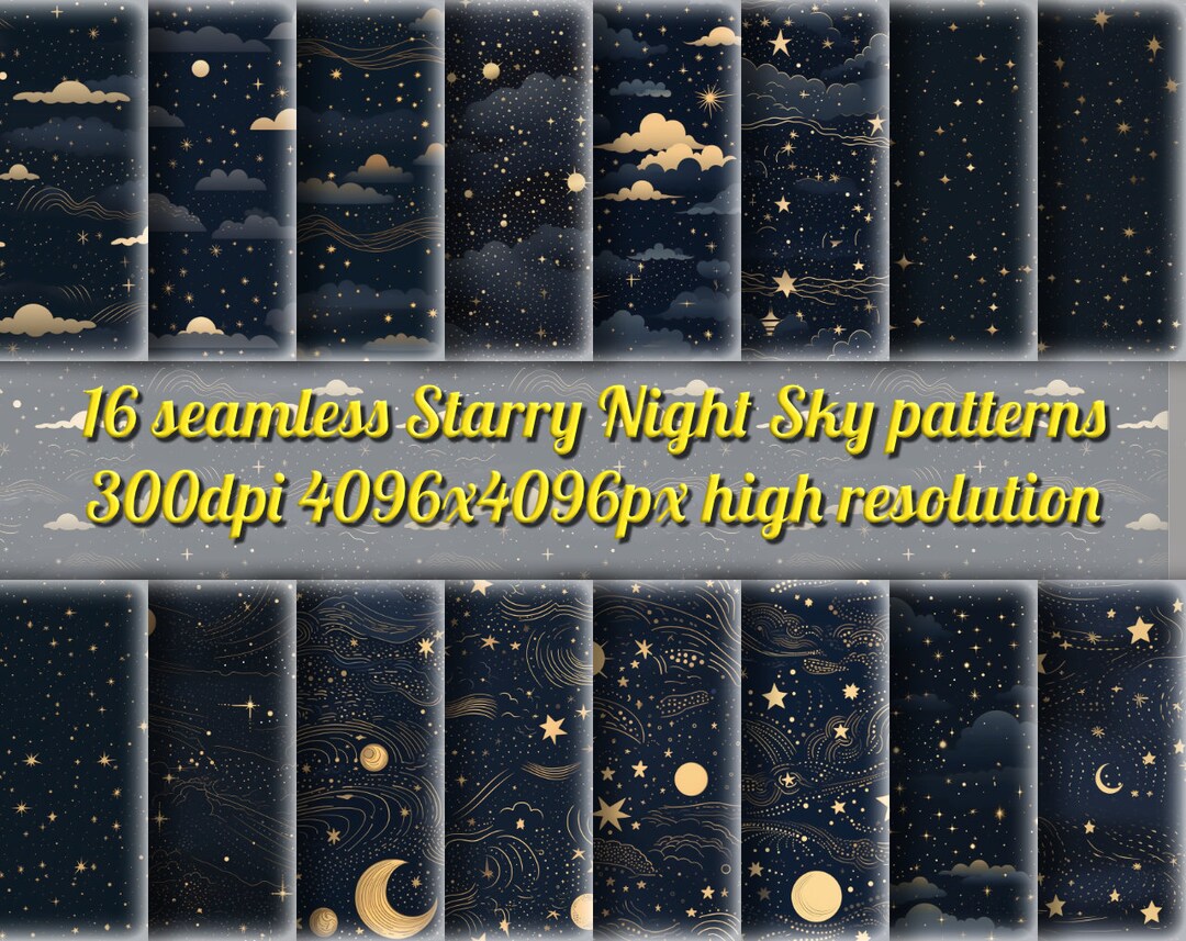 Starry Night Sky in Navy Blue and Gold: 16 Seamless Patterns ...