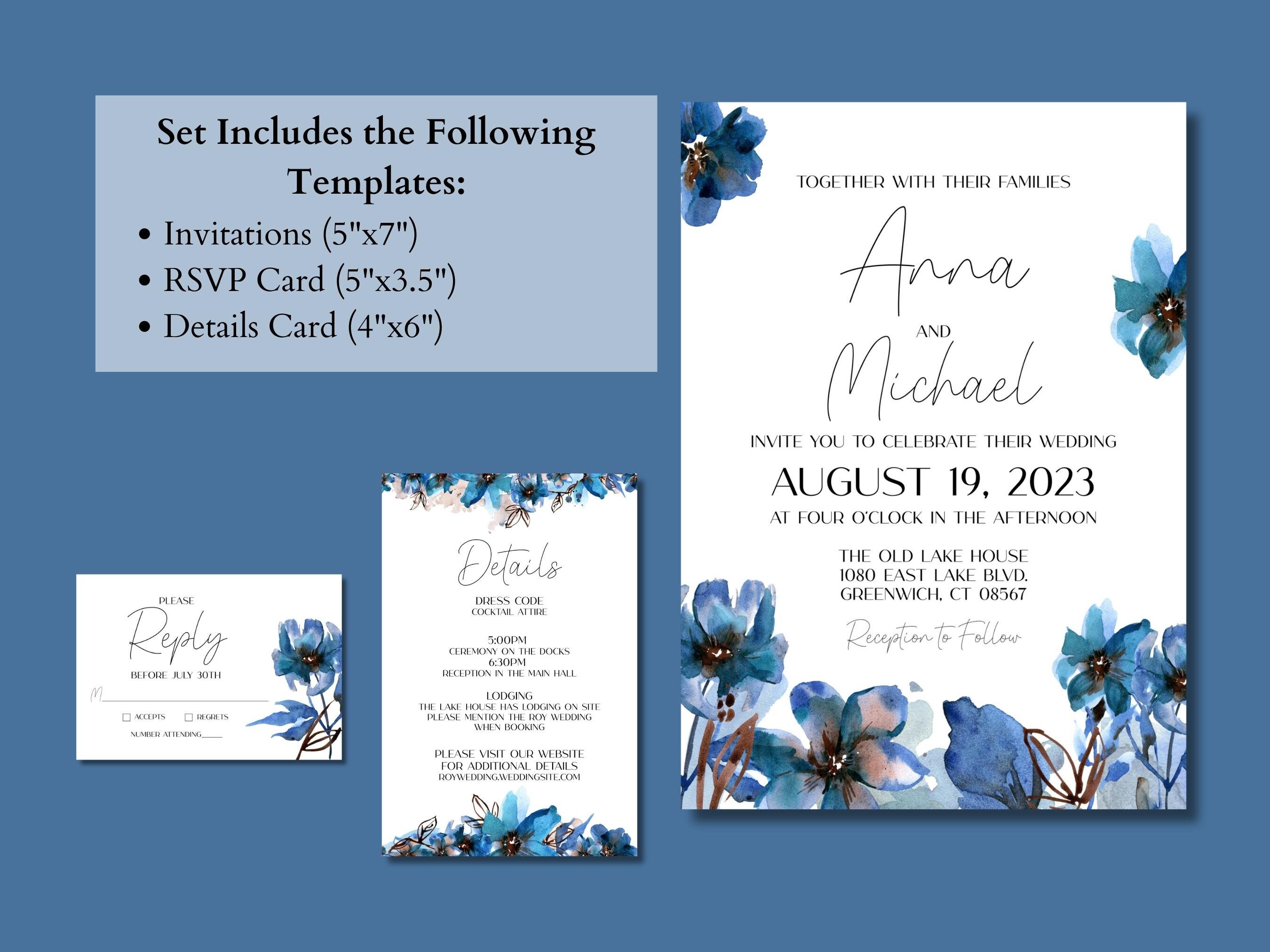 Blue Floral Wedding Invitation Suite Customizable, Spring, Summer ...