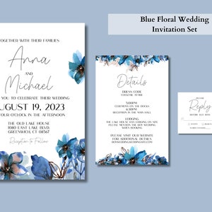 Blue Floral Wedding Invitation Suite Customizable, Spring, Summer ...