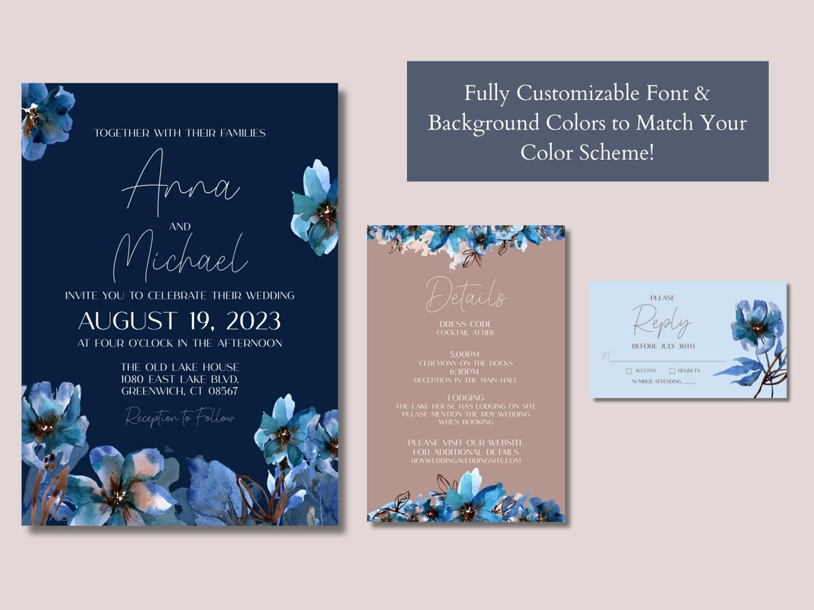 Blue Floral Wedding Invitation Suite Customizable, Spring, Summer ...