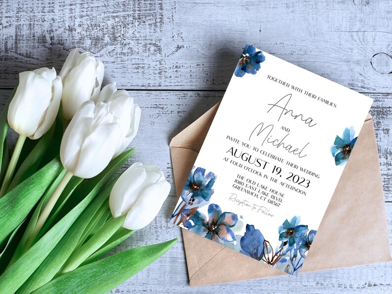 Blue Floral Wedding Invitation Suite Customizable, Spring, Summer ...