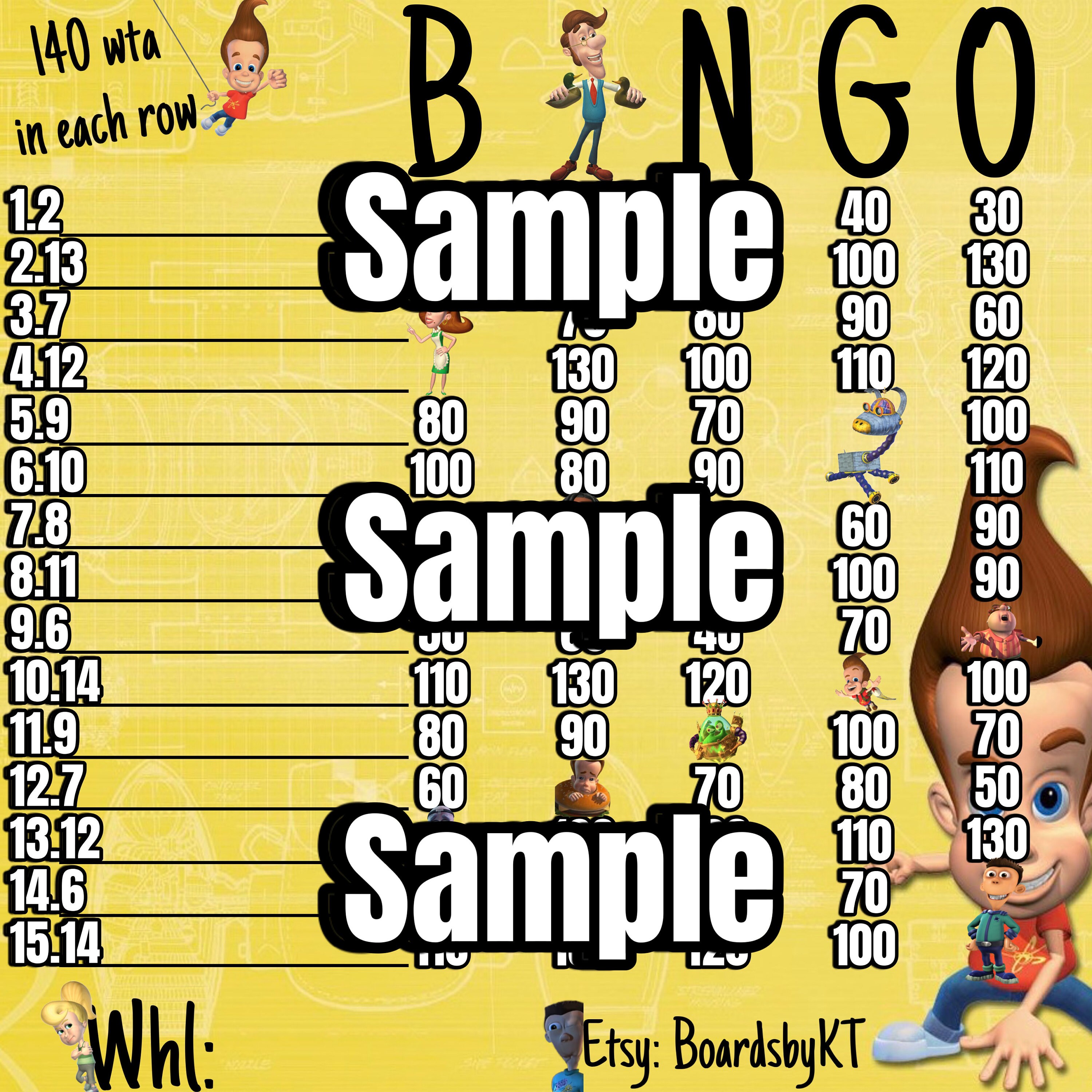 Jimmy Neutron 140 Bingo Board - Etsy