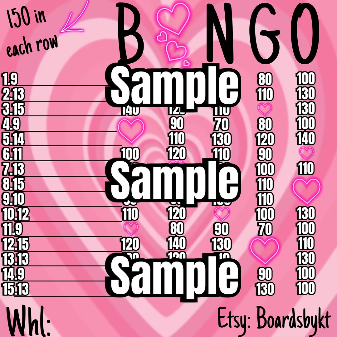 Pink Hearts 150 Bingo Board - Etsy