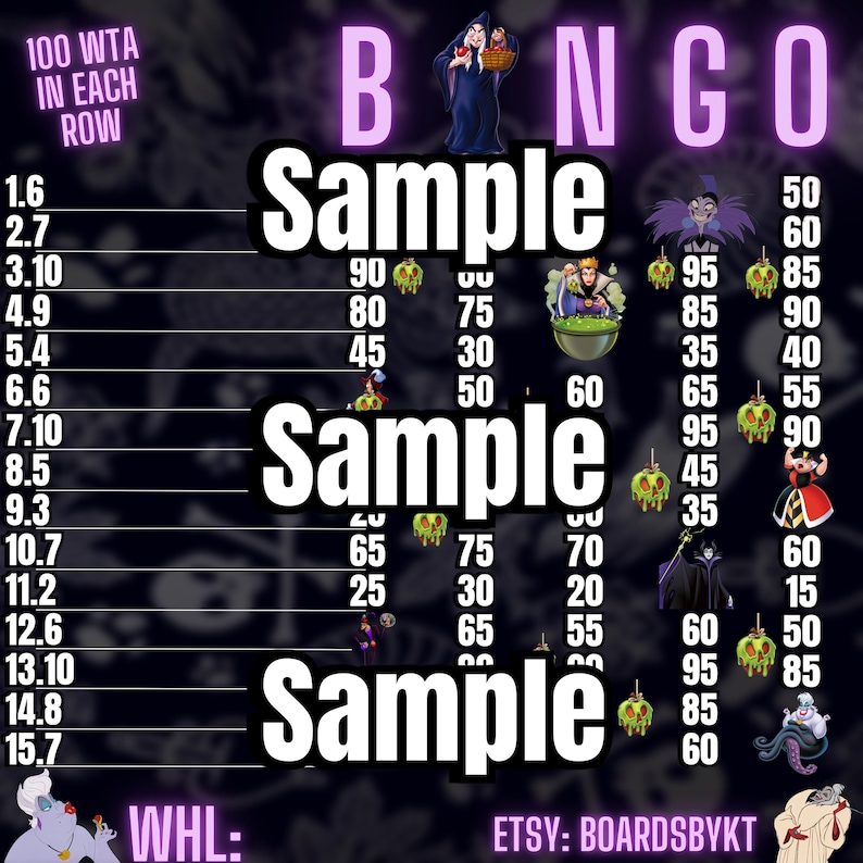 Villians 100 Bingo Board - Etsy