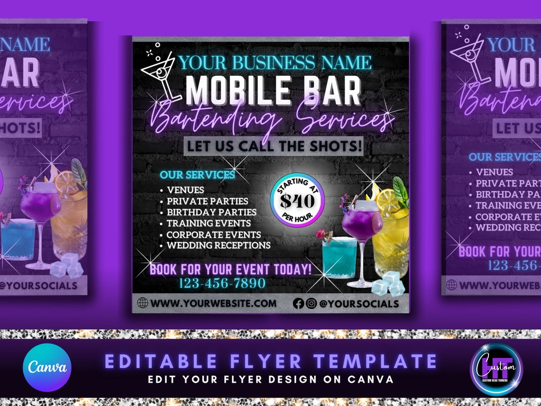 Mobile Bartending Flyer DIY Canva Flyer Template, Mixologist, Premade ...