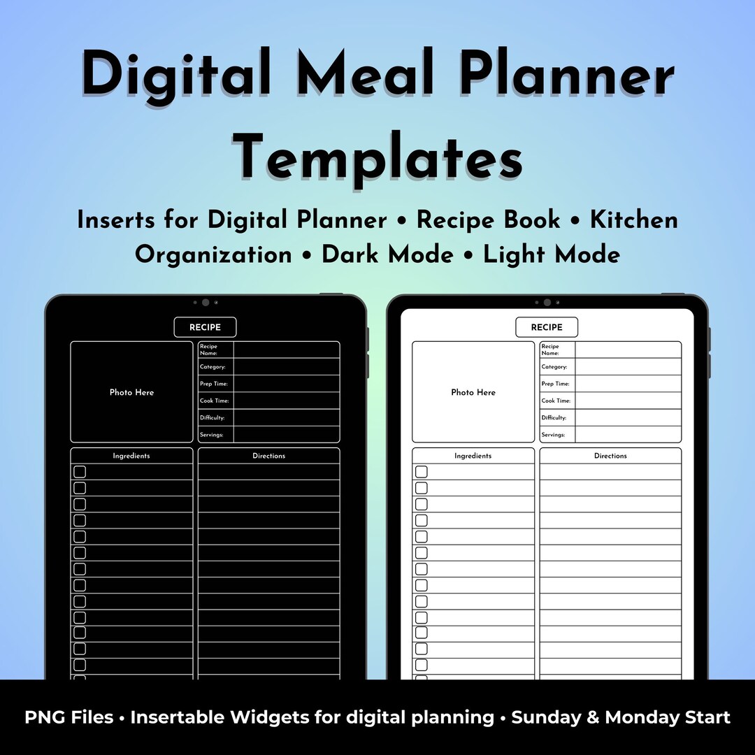 Digital Meal Planner Templates Inserts for Digital Planner Light Mode ...