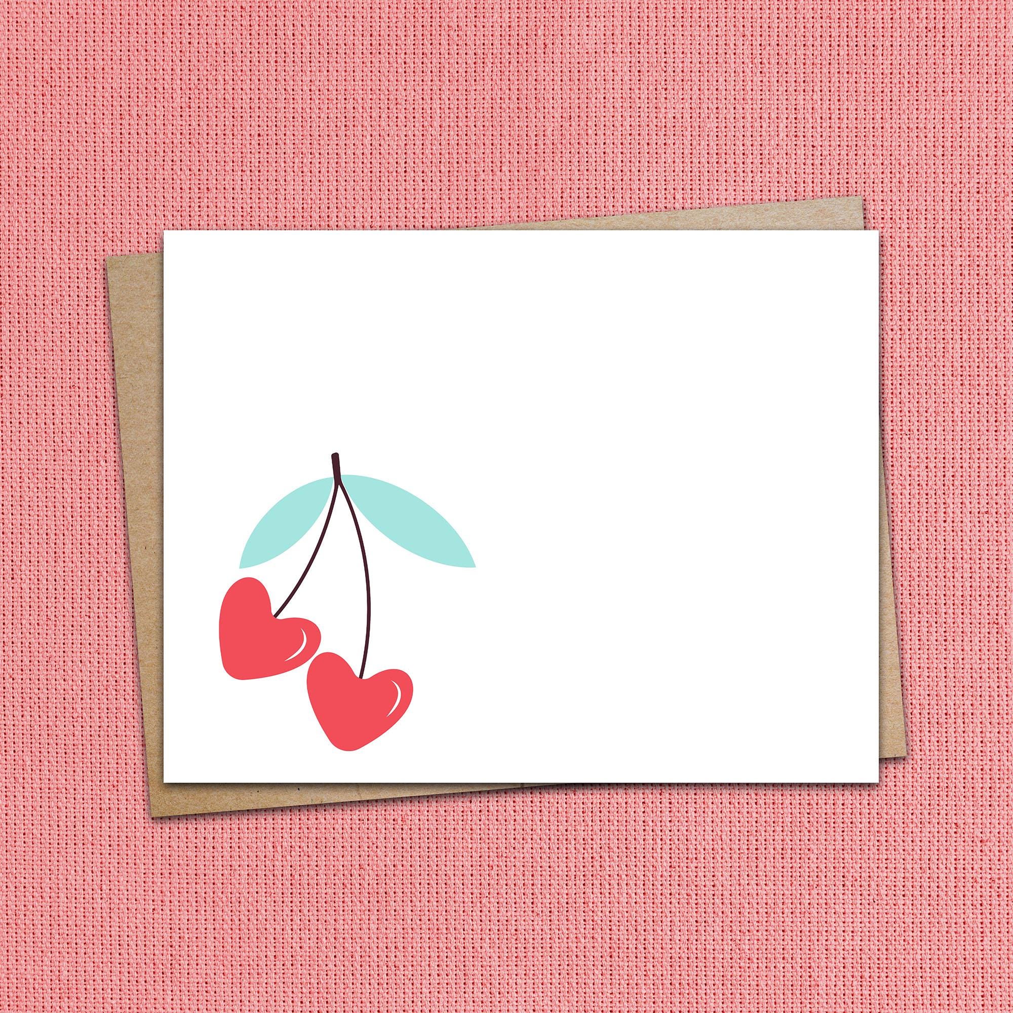 Cherry Heart Blank Notecard Set 4.25x5.5 Incl.kraft Envelopes W/ Window ...