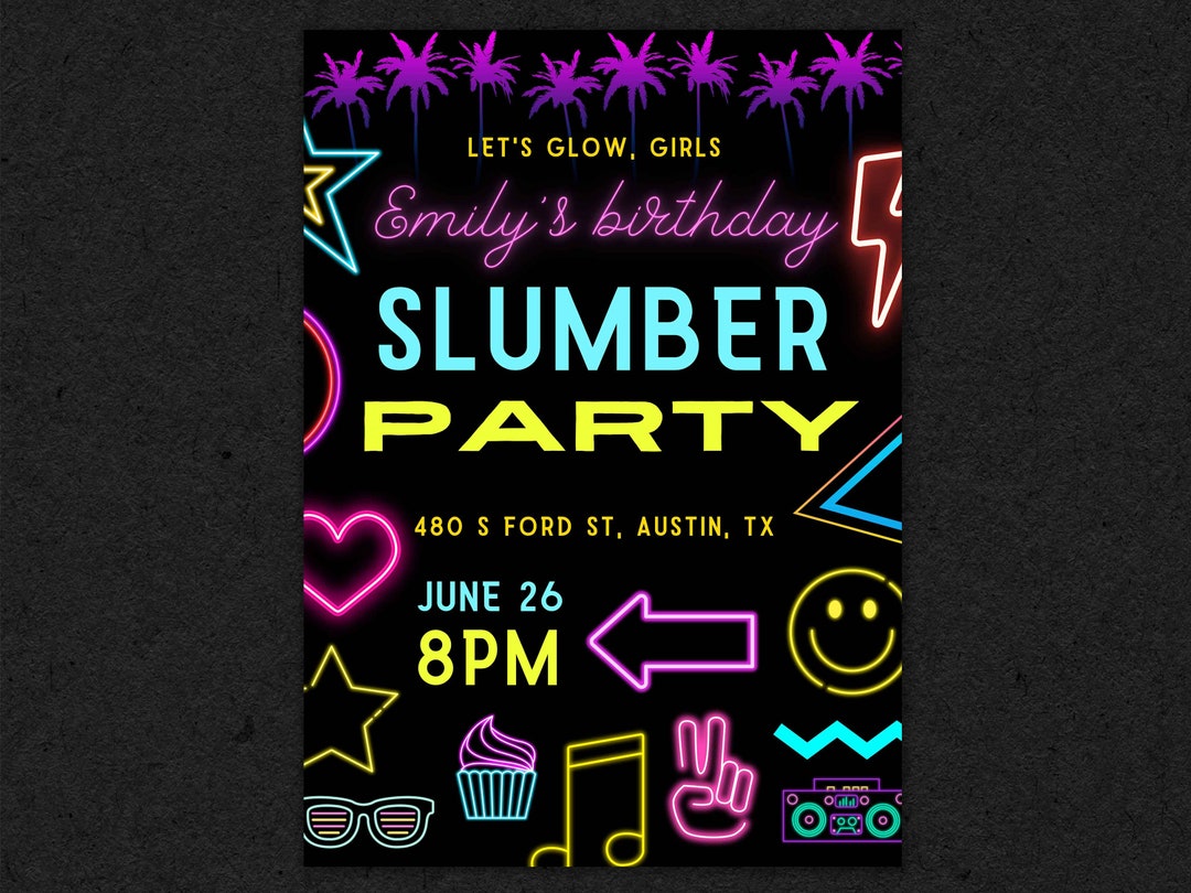 5 X 7 Neon Slumber Party Birthday Invitation - Digital - Print at Home ...