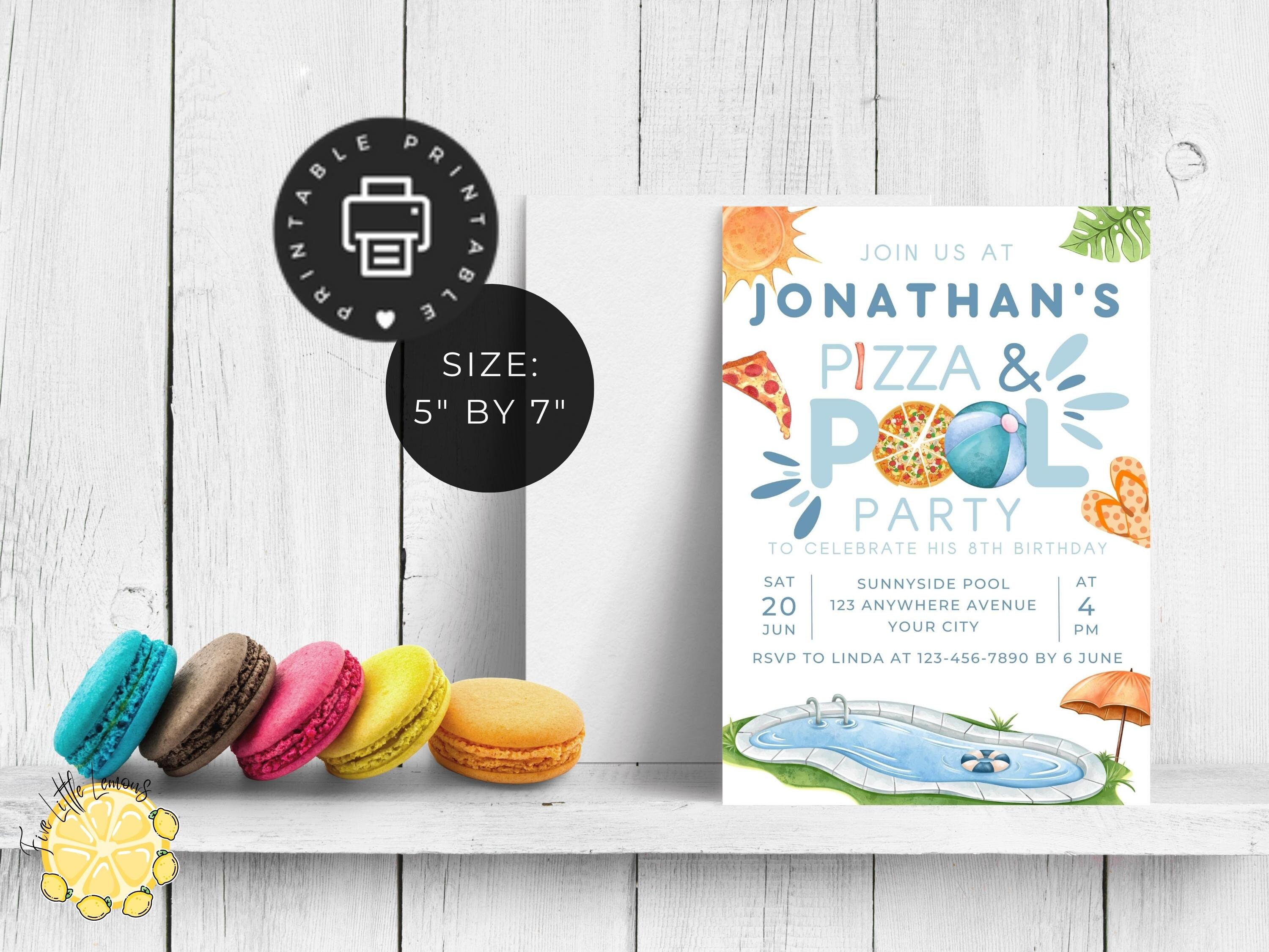 Pizza and Pool Party Invitation. Editable Boys 8th Birthday Invite. Boy ...