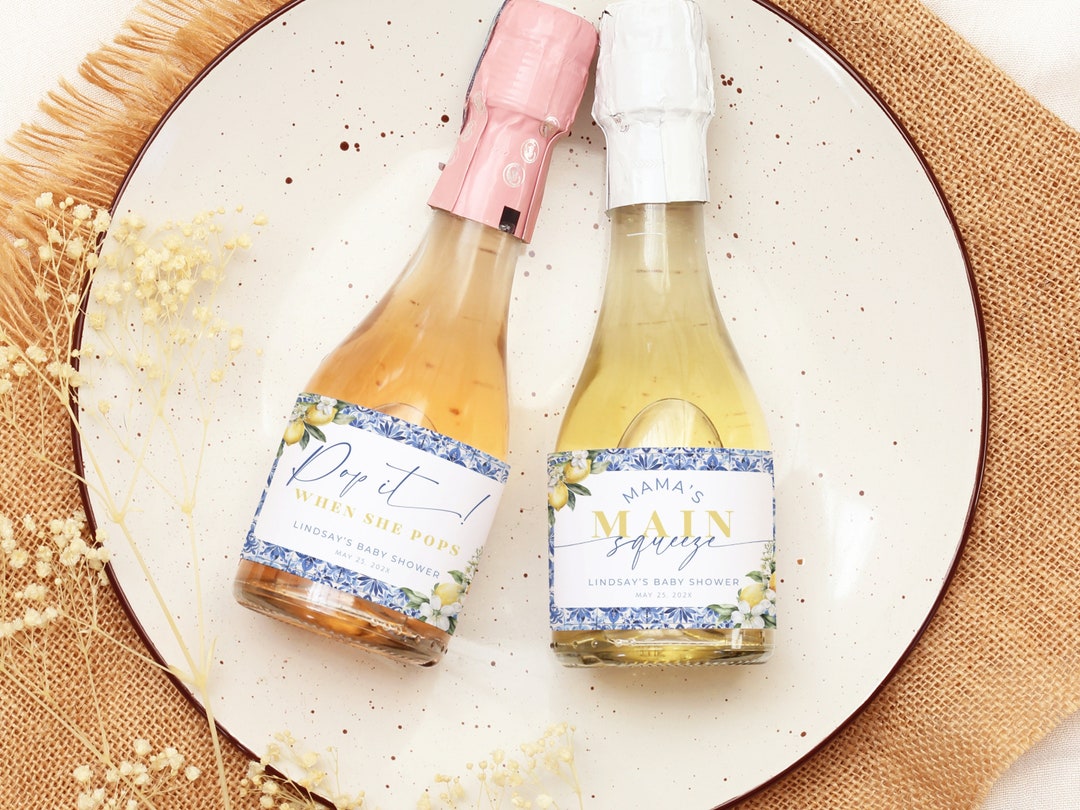 Main Squeeze Baby Shower Favor. Blue Tile and Lemons Mini Champagne Tag ...