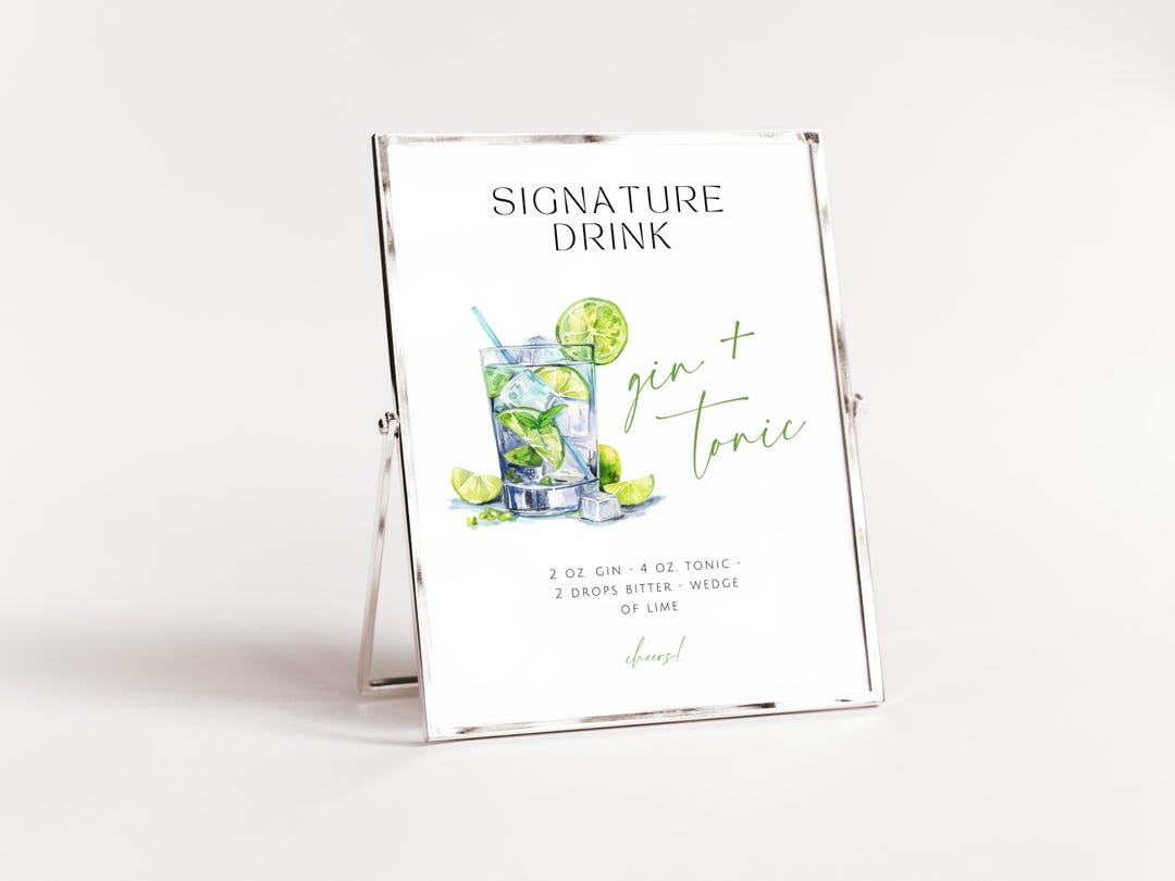 Gin and Tonic Wedding Drink Sign Cocktail. Printable Gin Bar Sign ...