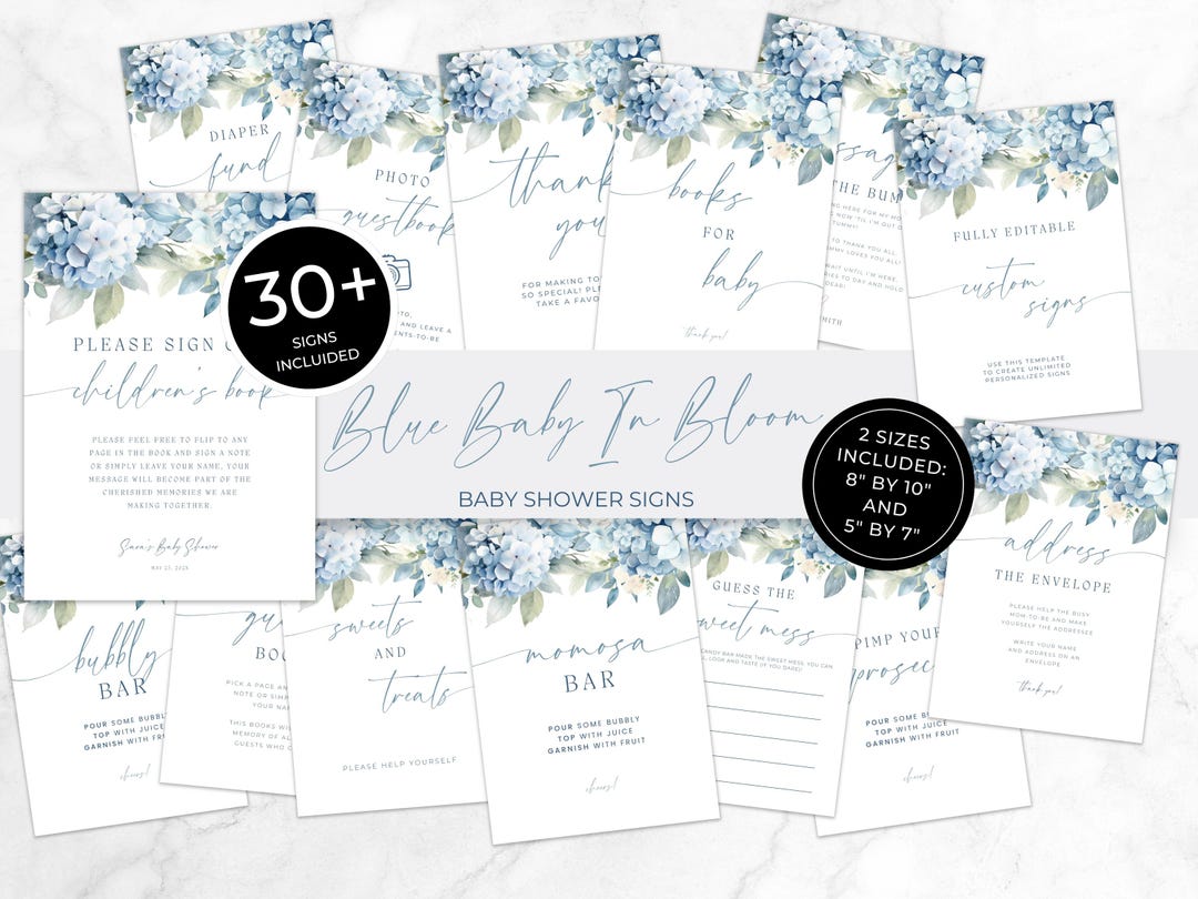 Blue Baby in Bloom Baby Shower Sign. Dusty Blue Flowers Theme. Editable ...